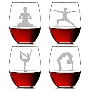 Yoga Poses Engraved 15-ounce Stemless Wine Glass - Set of 4
