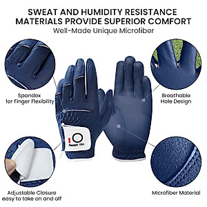 FINGER TEN Golf Gloves Men Left Hand Rain Grip Glove for Right Handed Golfer Value 3 Pack, All Weather Durable Grip Size Small Medium Large XL White Black Blue (Navy, Medium/Large, Left)