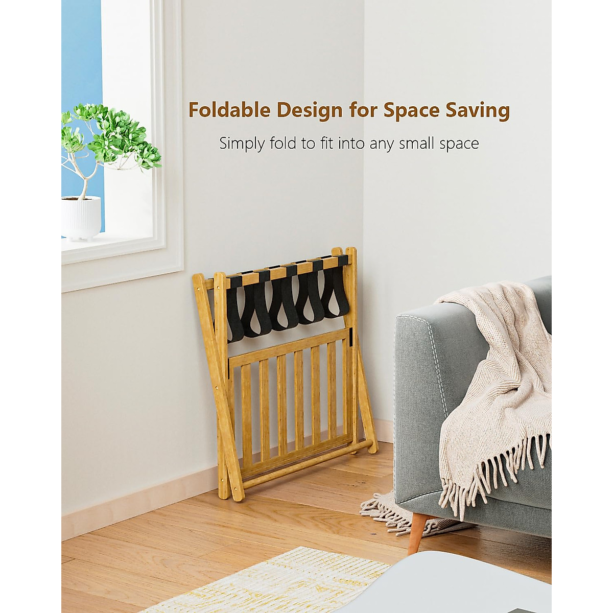 Luggage Rack, Folding Suitcase Stand with Storage Shelf, Natural Bamboo Suitcase Storage, Heavy-Duty Luggage Holder for Guest Room, Bedroom, Hotel, Luggage Racks for Suitcases, Holds up to 150lb