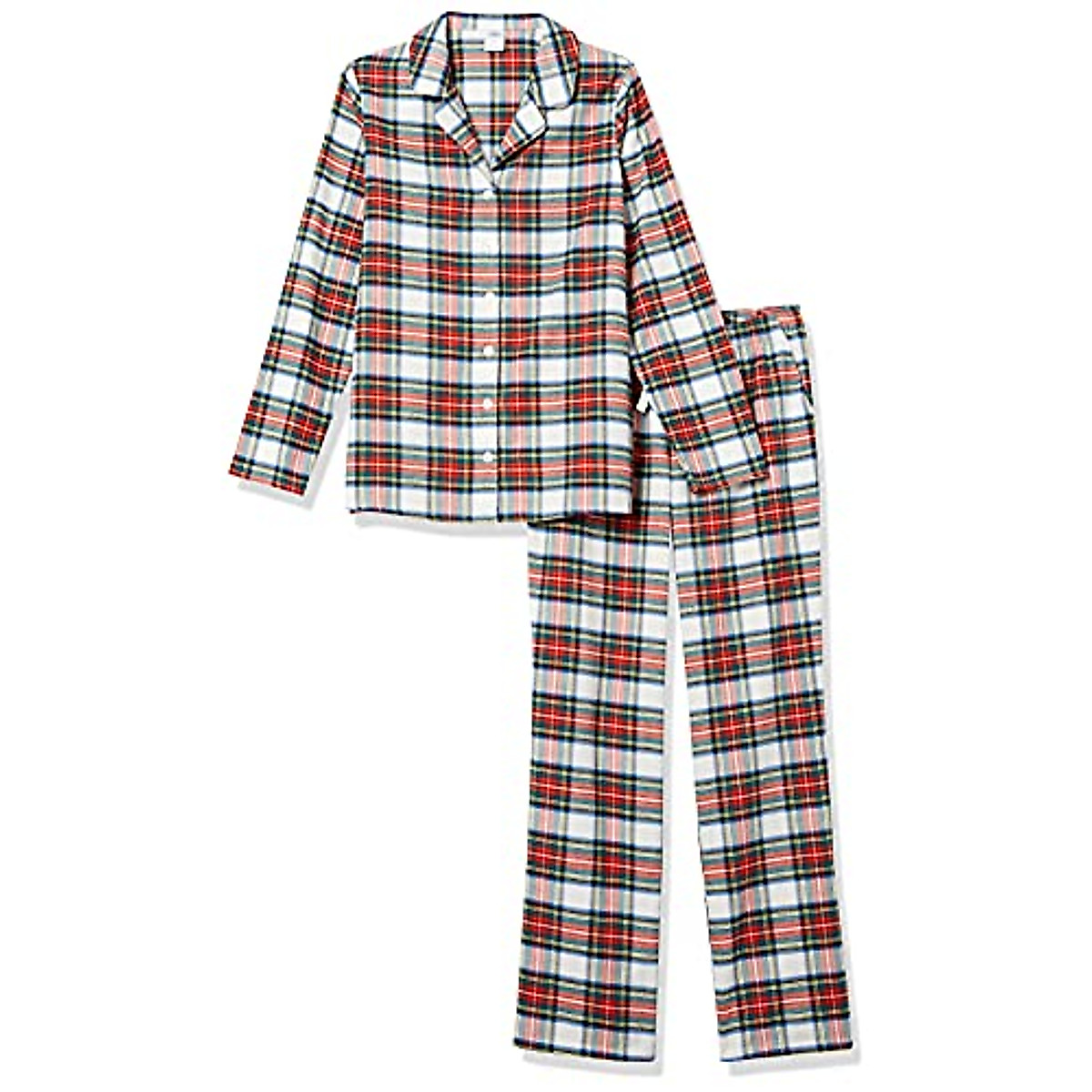 Amazon Essentials Women's Flannel Long-Sleeve Button Front Shirt and Pant Pajama Set, Red Tartan, Large