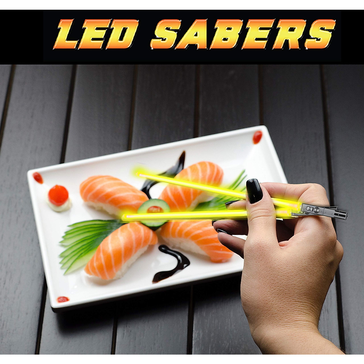 LIGHTSABER CHOPSTICKS LIGHT UP STAR WARS LED Glowing Light Saber Chop Sticks REUSABLE Sushi Lightup Sabers - Removable Handle Dishwasher Safe - Premium GIFT BOX & CARRY CASE Included - YELLOW 1 PAIR