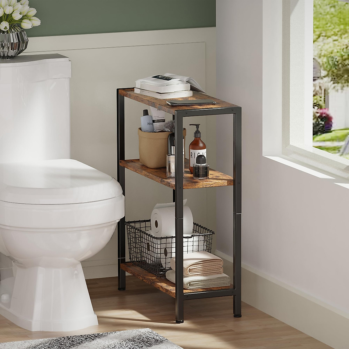 Vantimo 3-Tier Side Table, Small End Table, Sofa Side Table for Narrow Spaces, Slim End Table, Nightstand Table, for Living Room Bedroom Office, Rustic Brown