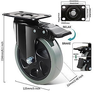 5 Inch Caster Wheels, Casters Set of 4 Heavy Duty, BZOLIHEU Locking Casters, Silent Top Plate Swivel Casters with Brake, Grey Polyurethane Castor Wheels for Furniture and Workbench Cart