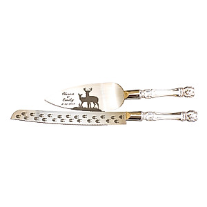 Aaron's Etching Deer Couple Buck & Doe Engraved Wedding Cake Knife/Server Set with Names and Date