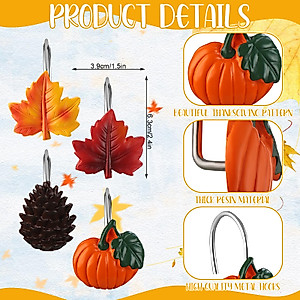 16 Pcs Thanksgiving Shower Curtain Hooks Maple Leaf Decorative Shower Curtain Hooks Farmhouse Autumn Fall Pumpkins Pinecone Metal Rustproof Shower Curtain Rings for Bathroom Bedroom Room