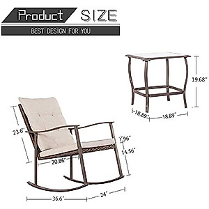 SOLAURA 3-Piece Patio Furniture Outdoor Rocking Chair Set Brown Wicker Patio Bistro Sets, Front Porch Furniture with Beige Cushion, Two Patio Chairs with High Backrest & Glass Coffee Table