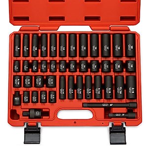 NEIKO 02440A 3/8-Inch-Drive Impact Socket Set, SAE Sizes 5/16" to 3/4" and Metric Sizes 8 mm to 19 mm, Includes Extension Bars and U-Joint, 44 Pieces