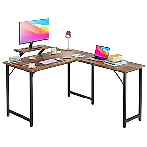 PayLessHere L Shaped Computer Desk Corner Game Table Office Writing Desk with Wooden Large Monitor Stand for Home Office Workstation Corner Desk, Vintage