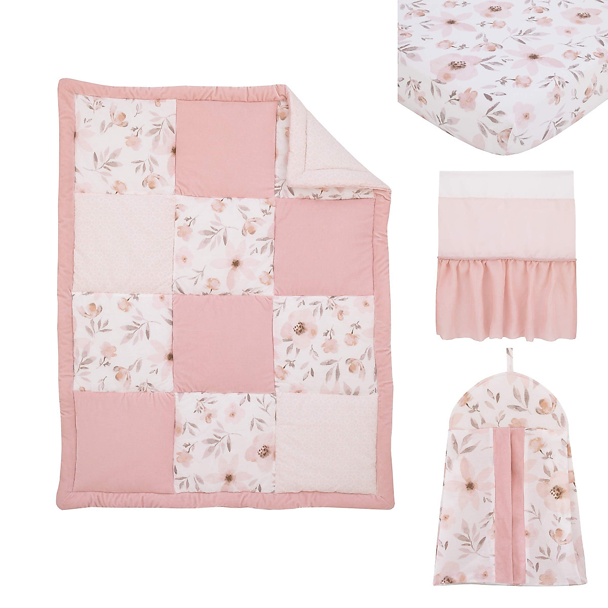 NoJo Countryside Floral - Pink, Grey & White 4Piece Nursery Crib Bedding Set, Comforter, Fitted Crib Sheet, Dust Ruffle, Diaper Stacker, Pink, Peach, White, Grey