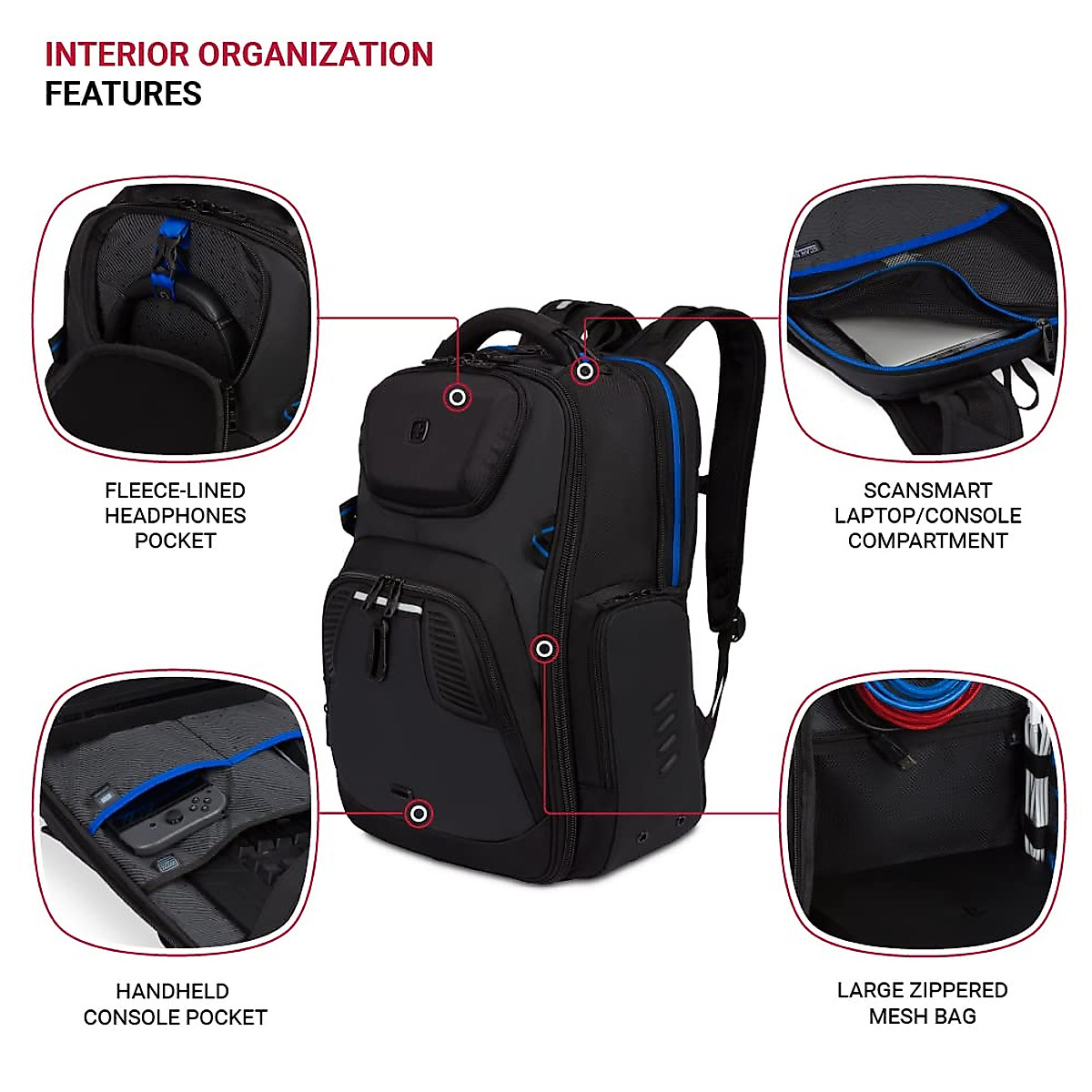 SwissGear Gaming Laptop Backpack with Charger Port (USB), Blue/Black