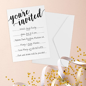 Canopy Street Black And White All Occasion Script Invitations / 25 Fill In General Use Invites / 5" x 7" Flat Modern Shower Party Or Event Invitation/Made In The USA