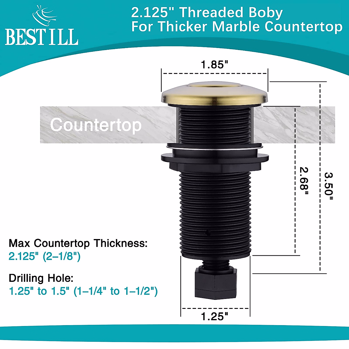 BESTILL Sink Top Garbage Disposal Air Switch Kit with Dual Outlet - UL Listed, Brushed Gold Long Push Button with Brass Cover