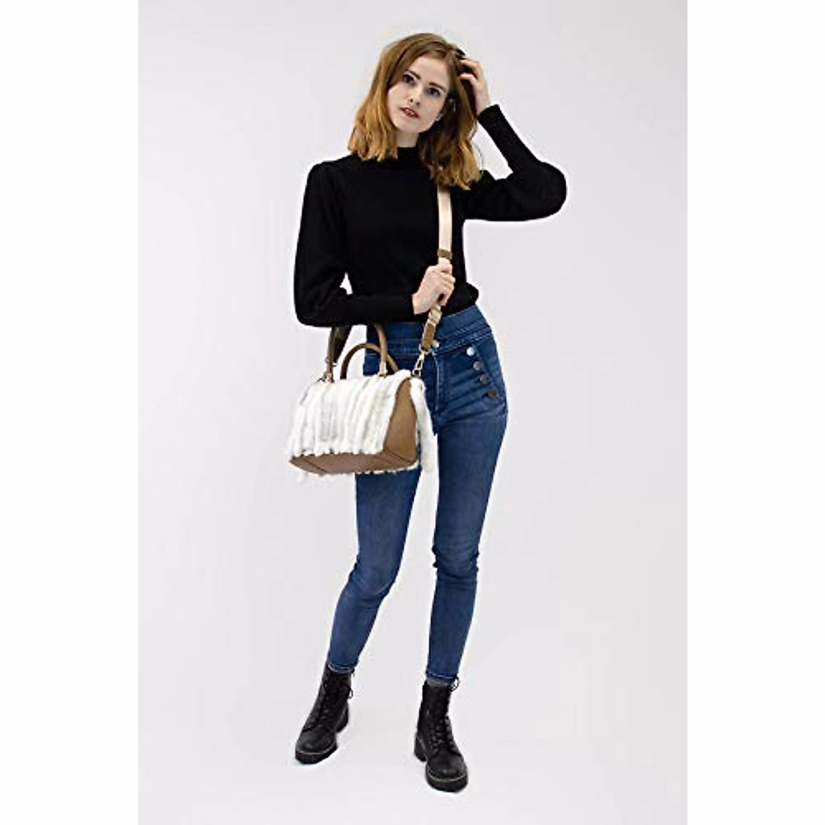 surell - Luxurious Mink Fur Handbag w Tails - Leather Tote Bag - High Fashion Purse Gift - Beautifully Crafted Pocketbook with Zipper Closure - Stylish and Quality Fuzzy Accessory - (White/Beige)