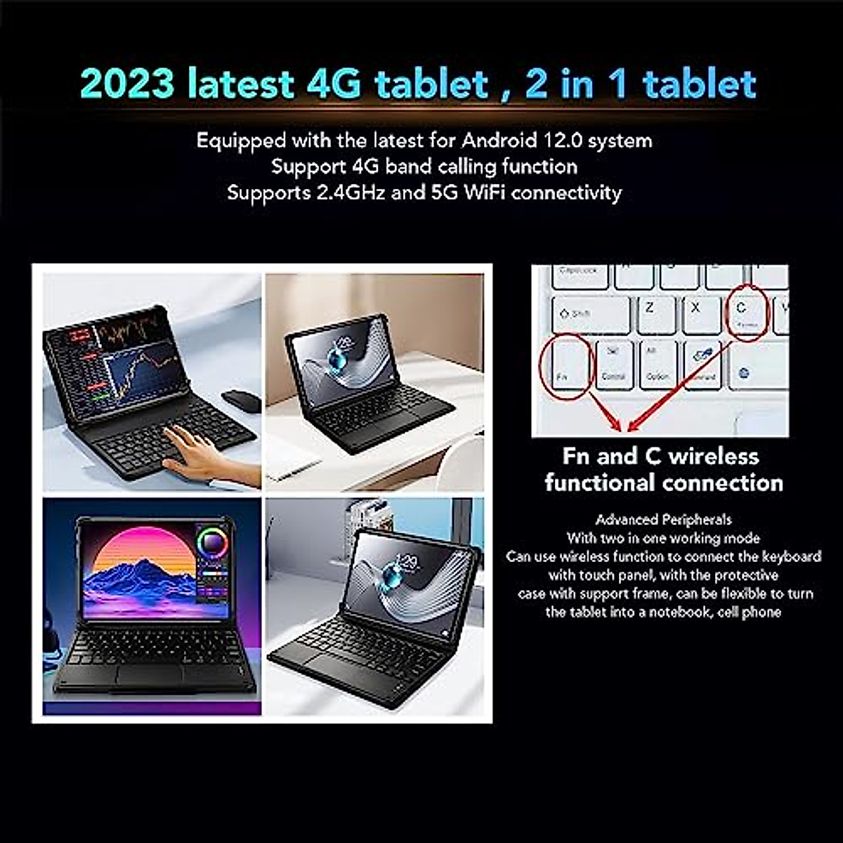 BROLEO 10.1 Inch 2 in 1 Tablet, Dual Speakers 8GB RAM 256GB ROM Octa Core CPU 100‑240V 5.0 Tablet for Travel (US Plug)