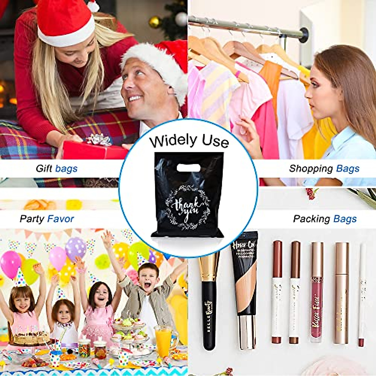 KDPATFAV 70 PCS 9" x 12" Plastic Merchandise Bags Shopping Bags with Thank You Logo Boutique Bags with Handles for Birthday Party Baby Shower Wedding Trade Shows and More (Black)