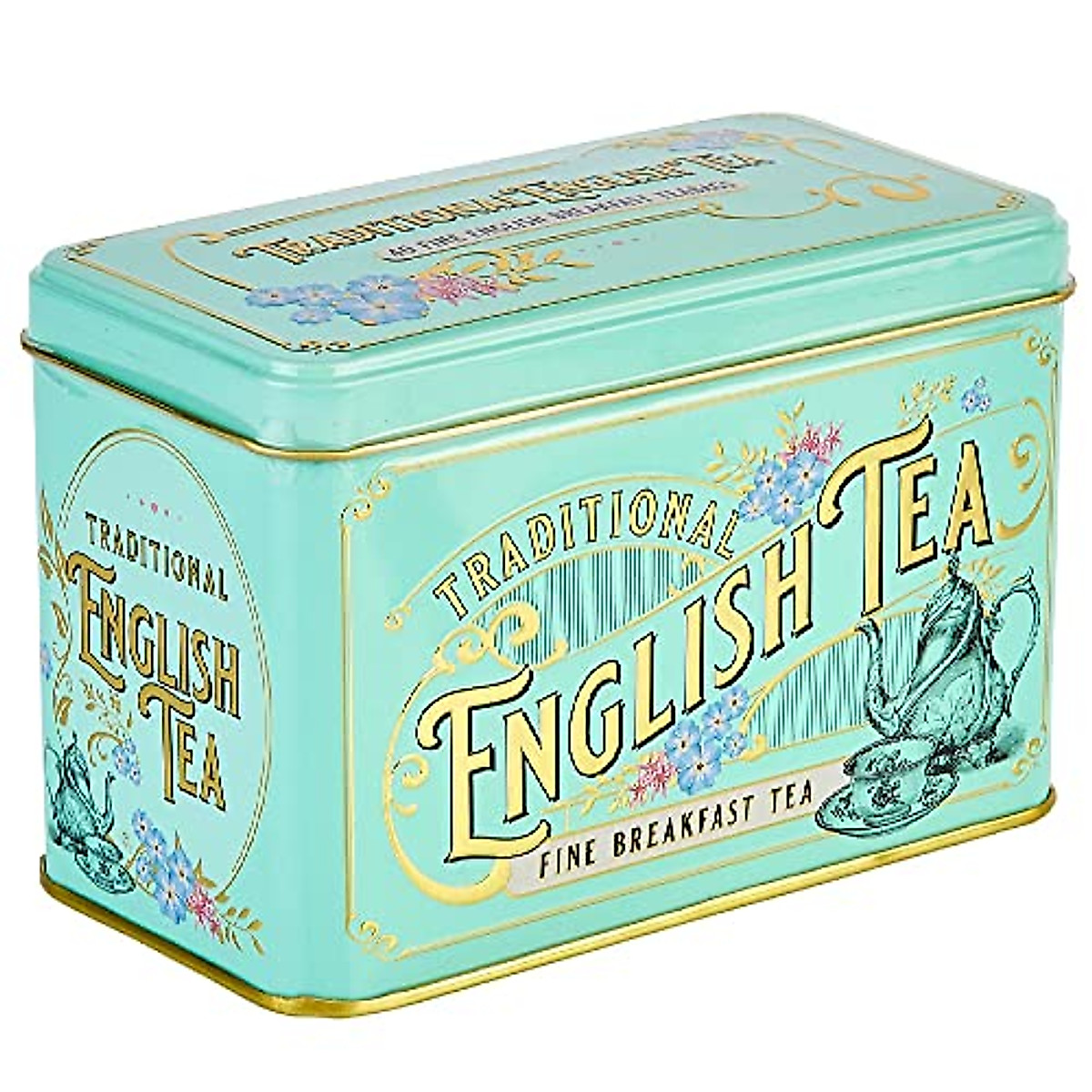 New English Teas Vintage Victorian Tea Tin with 40 English Breakfast Tea Bags, Forget Me Not Florals, Black Tea, Ceylon Tea, Mint Green British Tea Caddy