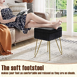 Greenstell Vanity Stool Chair Faux Fur with Storage, 15.7"L x 11.8"W x 19.4"H Soft Ottoman 4 Metal Legs with Anti-Slip Feet, Furry Padded Seat, Modern Multifunctional Chairs for Makeup, Bedroom Black