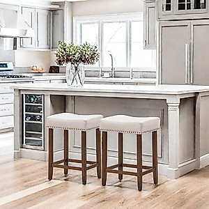 ERGOMASTER Counter Height Bar Stools Set of 2 Backless Fabric Barstools 24-Inch Modern Wood Saddle Bar Stools with Nailhead Trim for Kitchen Island Counter Tabel - Beige/Brown,2-Pack