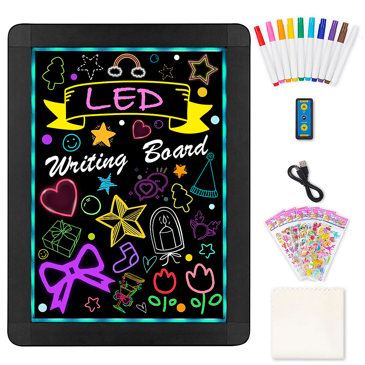 Led Magic Glow Board , 16’’x 12’’Illuminated Erasable Neon Effect Sign Board Tablet Pad with 10 Fluorescent Chalk Markers, Perfect for Christmas Gift/ Shop/Cafe/Bar/Menu/Wedding/Decoration/Promotion