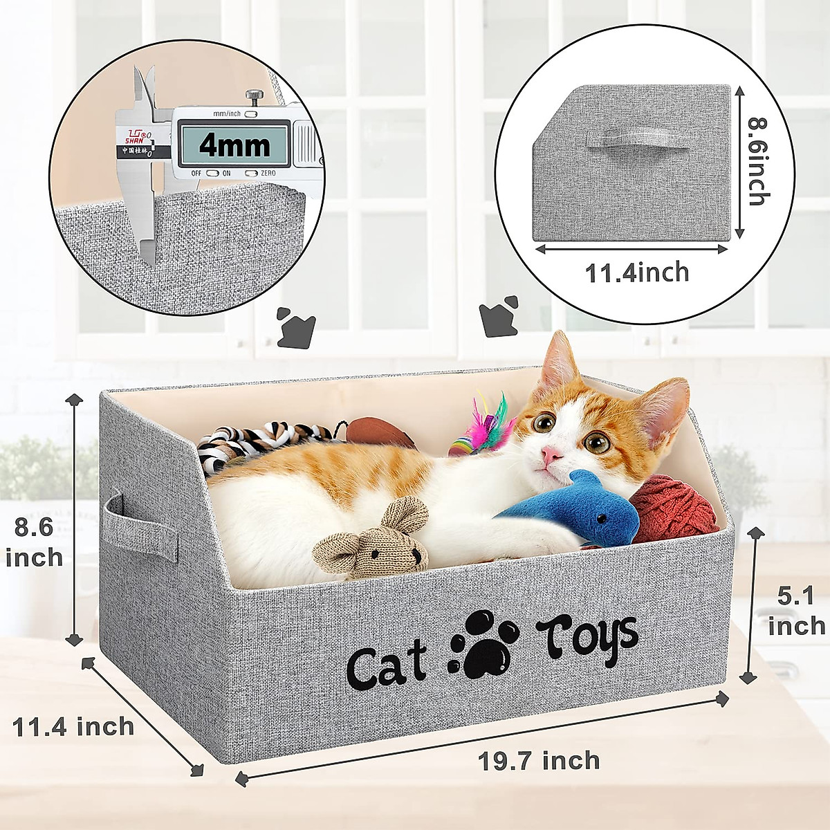 LOVSTORAGE Large Cat Toy Box Cat Toy Storage Basket 2X Thicker Foldable Sturdy Pet Toy Storage Bin Bed for Organizing Pet Toys Treats Clothes and Accessories