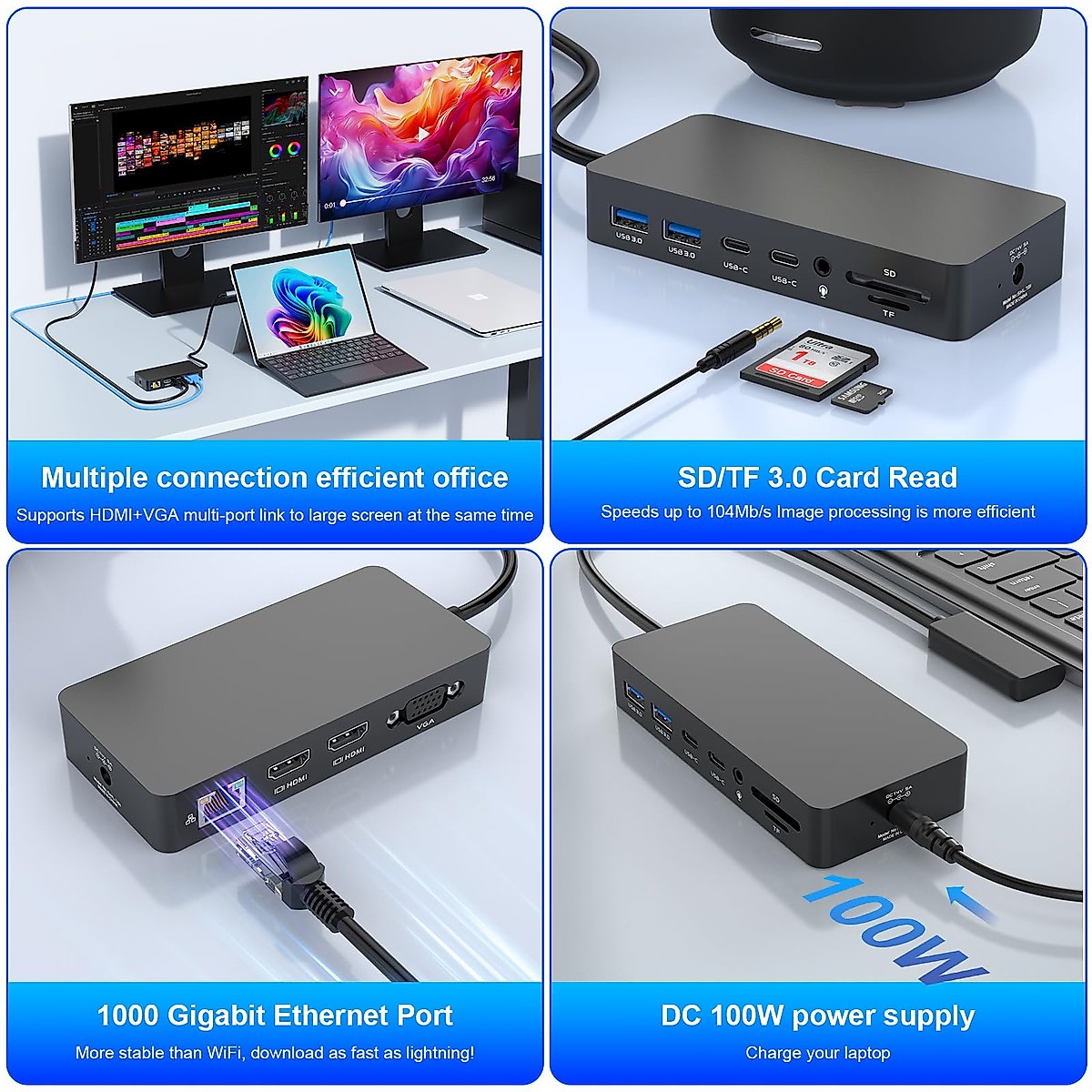 12 in 1 Surface Dock USB C with 100W Power Supply - 2 Year Warranty - Surface Pro Docking Station with Dual 4K HDMI+VGA for Surface Pro 11/10/9/8/X/7+/7,Surface Laptop, Surface Go