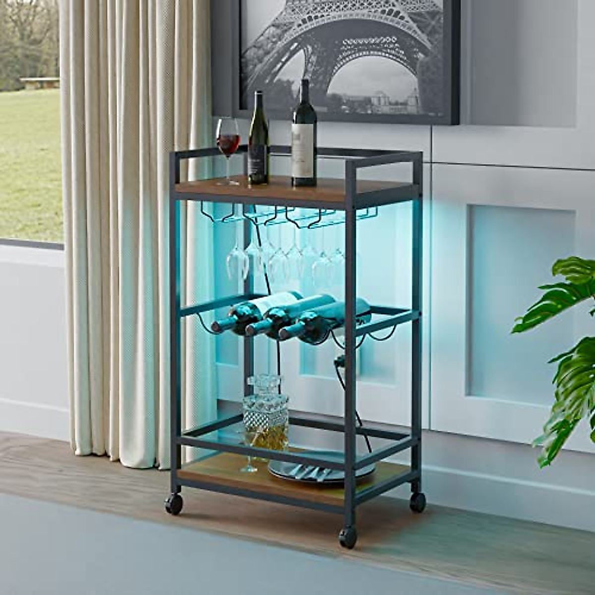 Boss Premium® BarUSA™ LED Bar Cart for Home Mini Portable Wine Bar Coffee Carts Small Mobile Serving Stand Liquor Beverage Drink Tea Alcohol Kitchen Rolling Cart - Designed in USA (Patented)