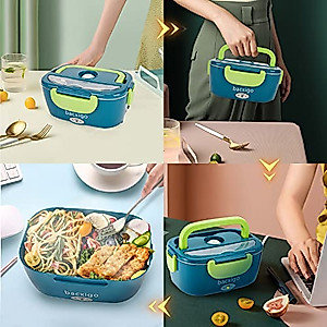 bacxigo Electric Lunch Box Food Heater 2-In-1 Portable Food Warmer for Car & Home,Leak Proof,2 Compartments Removable 304 Stainless Steel Container,SS fork & spoon and Carry Bag (green)