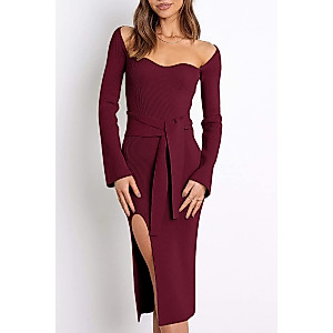 LILLUSORY Wedding Guest Dress Winter Womens Spring Long Sleeve Plus Size Christmas Casual Sweater Outfits Cold Shoulder Sexy Wine Red
