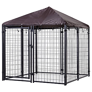 PawHut 5' x 5' x 5' Dog Kennel Outdoor, Walk-in Pet Playpen, Welded Wire Steel Dog Fence with Water-and UV-Resistant Canopy, Jet Black
