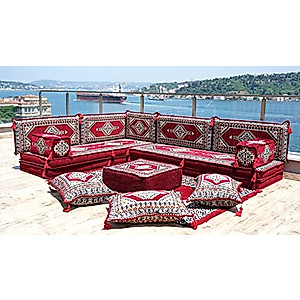 Maroon L Shaped Futon Sofa Bed, Corner Floor Couch, Sectional Sofas, Yoga Sofa Sets, Handmade Living Room Furniture, Sofa Covers (L Sofa + Rug + Poufs)