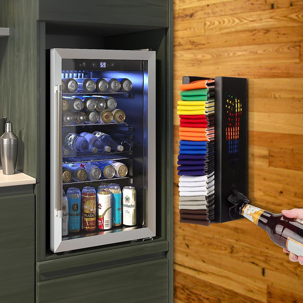 CRAKTH 2 in 1 Can Cooler Holder with Bottle Opener, Beer Can Sleeves Storage Organizer and Dispenser for Home Family Bar, Metal, 12", Black