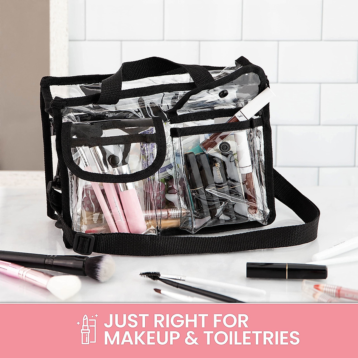 Clear Makeup Organizer Cosmetic Bag 10 inch x 7 inch x 4 inch, Sturdy Zipper and 4 External Pockets with Adjustable Strap