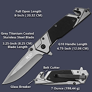 Rtek 4.75" G10 Handle Tactical Folding Pocket Knife with Liner Lock, Pocketclip, Glass Breaker, Seatbelt Cutter (Black)