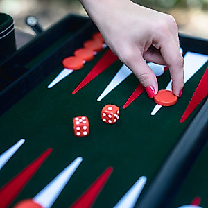 Smart Tactics Premium Backgammon Set - Large 17'' Wood & PU Leather Folding Backgammon Board Game - Green/White/Red Felt Interior - Includes Dice Cups, Doubling Cube & Instruction Manual