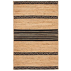 SAFAVIEH Natural Fiber Collection Accent Rug - 4' x 6', Natural & Black, Handmade Stripe Boho Farmhouse Rustic Braided Jute, Ideal for High Traffic Areas in Entryway, Living Room, Bedroom (NFB262Z)