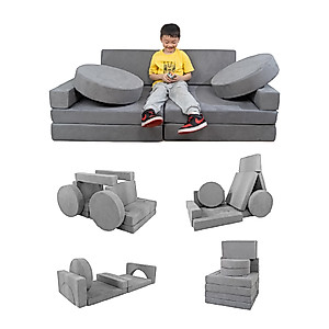 Manlilai Kids Sofa Couch 15PCS - Modular Toddler Play Couch with Removable Cover, Multifunctional Kids Couch for Playroom Bedroom - Convertible Foam Toddler Sofa for Girls and Boys (Gray)