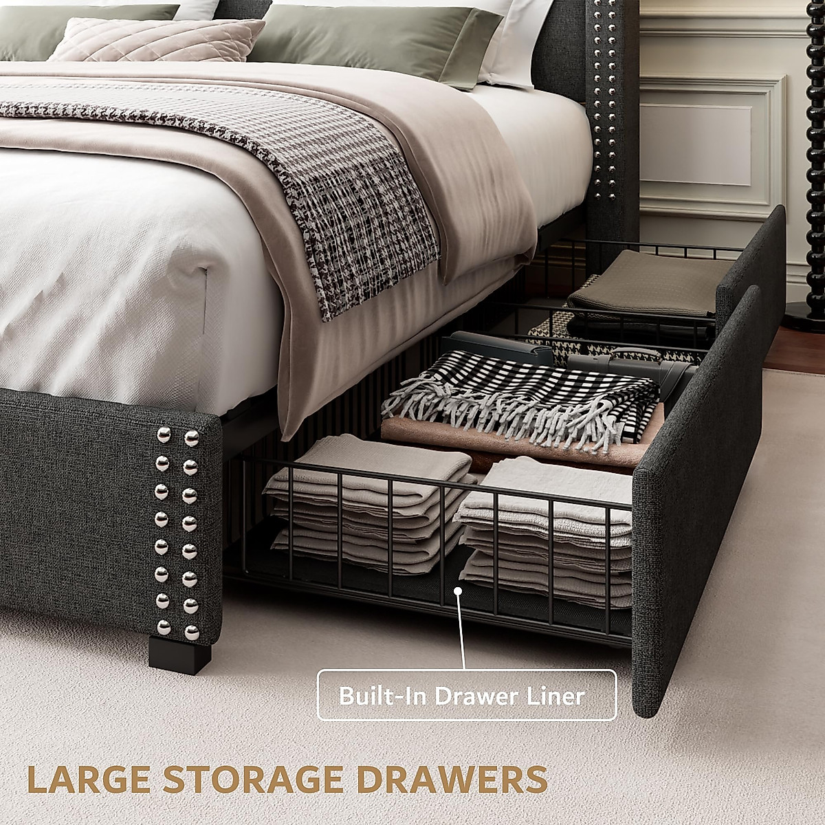 iPormis Queen Storage Bed Frame with 4 Drawers, Upholstered Bed Frame with Minimalist Wingback Headboard and Charging Station, No Box Spring Needed, Dark Gray