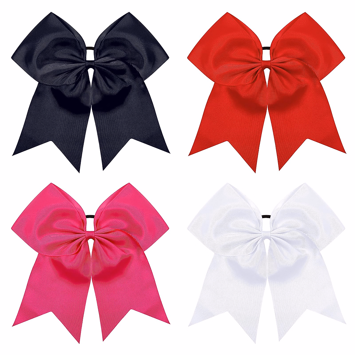 TUUXI 4pcs Large Cheer Hair Bows 8 Inch Grosgrain Ribbon Elastic Bands Ties Ponytail Holder for School College Sports Cheerleading Cheerleaders Bows Black Red Pink White