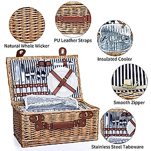 SatisInside Picnic Basket for 2 Wicker Picnic Set with Insulated Liner for Camping,Wedding,Valentine Day,Gift - Reinforced Handle, Grey Stripes