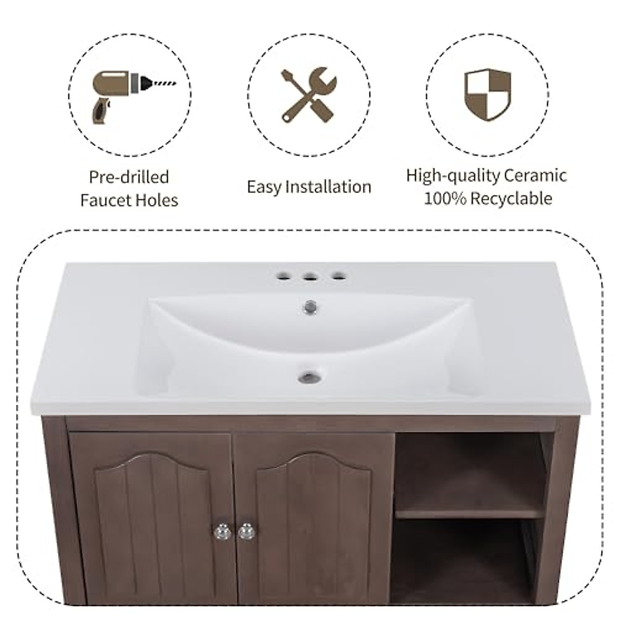 PIETFIU 36" Bathroom Vanity with Ceramic Basin Sink Set, Freestanding Bathroom Storage Cabinet with 2 Doors and 2 Drawers, Solid Frame, Metal Handles (Brown, 36 Inch)