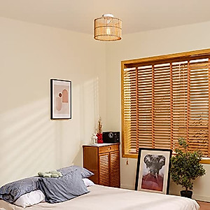 Globe Electric 65901 1-Light Flush Mount Ceiling Light, Matte White, Natural Bamboo Shade, Bulb Not Included