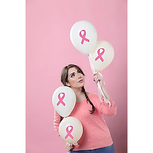 25 Pieces Pink Ribbon Balloon - Breast Cancer Awareness Balloons Set - 10 Inch Size (13 White, 12 Pink Balloons)