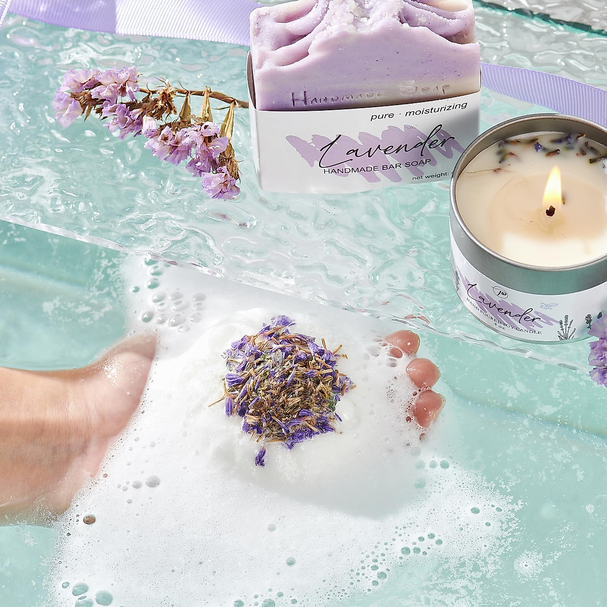 Peacoeye Gifts for Women Spa Lavender Bath Gift Baskets Mothers Day Gifts Relaxing Self Care Gift for Mom Her Sister Wife Auntie Home Bath Kit Care Package Birthday Friendship Gift Ideas
