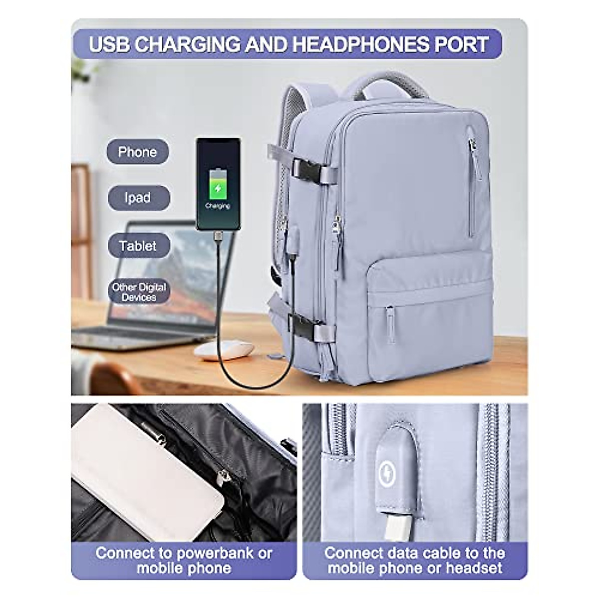 VGCUB Large Travel Backpack,Carry on Backpack for Women Men Airline Approved Gym Backpack Waterproof Business Laptop Daypack,Purple With Toiletry Bag