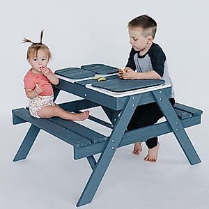 Beright 3-in-1 Kids Picnic Table, Play Sand and Water Sensory Table with Height Adjustable Umbrella & Removable Tabletop, Kids Wooden Outdoor Table, with 3 Storage Bins, Upgraded