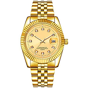 SENRUD Men's Fashion Classic Design Analog Quartz Watches Casual Business Stainless Steel Waterproof Date Wrist Watch Men (Gold)