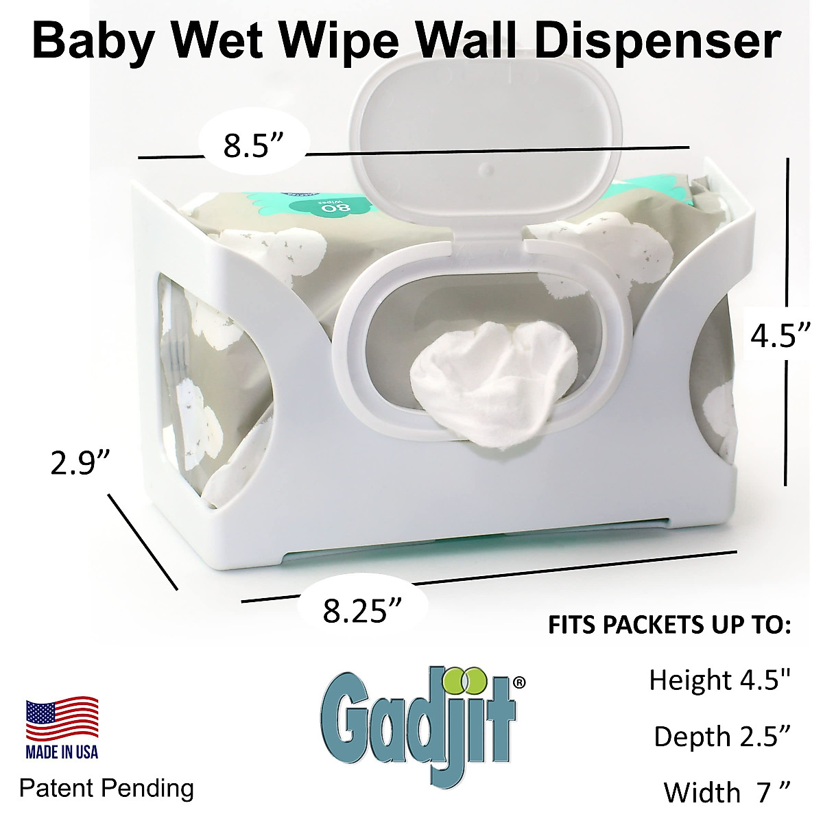 Gadjit Baby Wet Wipes, Hand Wipes Wall Dispenser | Mounts on a Wall and Holds Up to an 84 Count Pack of Wipes | Keeps Wipes Always Within Easy Reach of Messes (White)