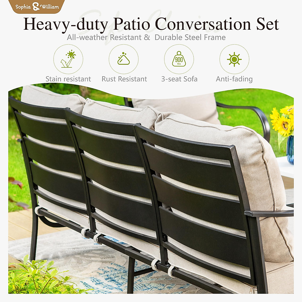 Sophia & William Patio Furniture Sets for 7 with 45" Gas Fire Pit Table Outdoor Conversation Sets 6 Pcs, 2 x Swivel Cushioned Sofa Chairs, 1x3-Seat Sofa, 2xOttomans for Backyard Poolside Beige