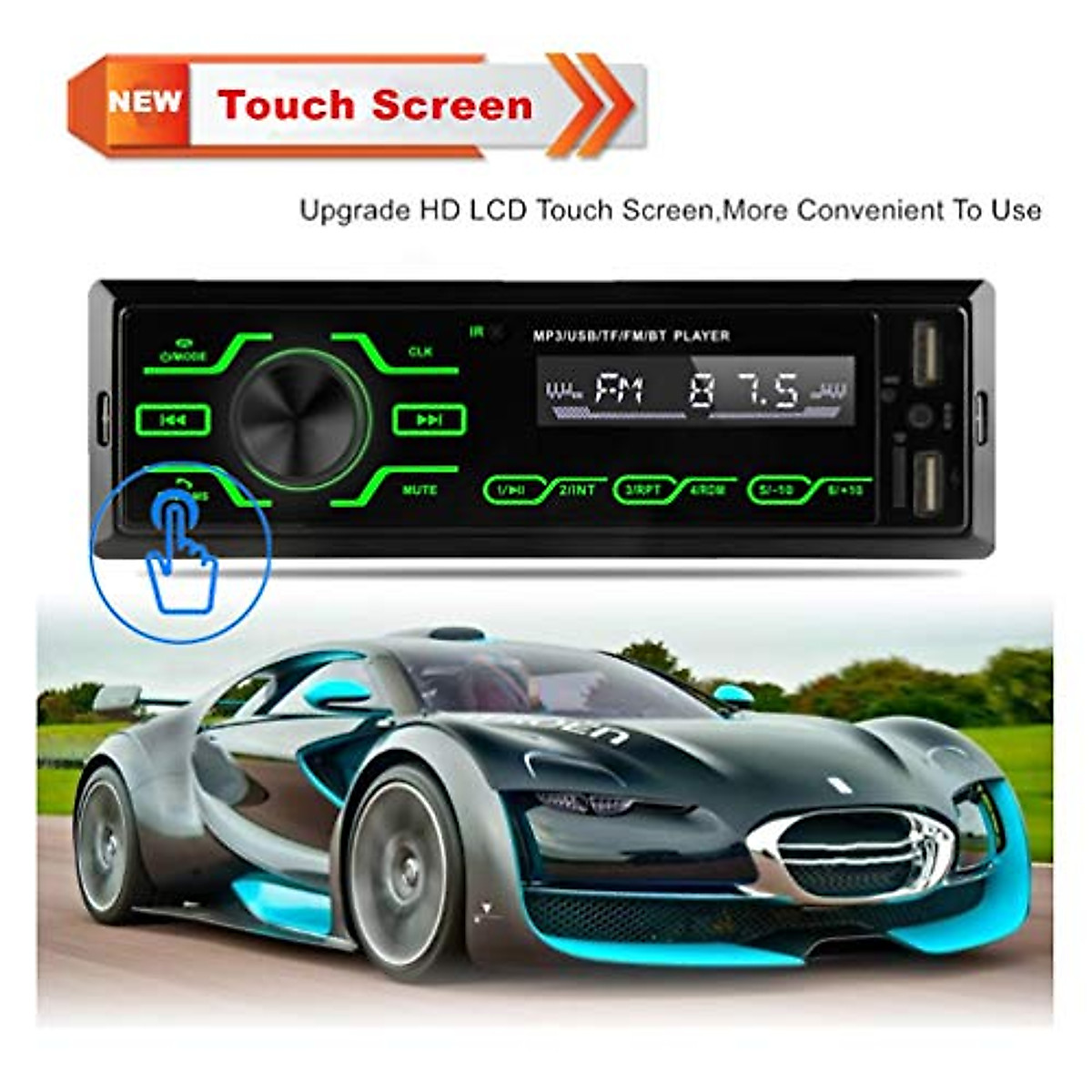 Single Din Car Stereo Receiver with Touch Screen, Car MP3 Multimedia Player USB/SD/AUX Input, Car Audio Bluetooth and Hands-Free Calling,FM Radio,Built-in Microphone,with Double USB Port