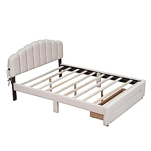 HAUSHECK Upholstered Bed Frame Queen Size with Teddy Fleece Headboard, Big Drawer, Smart LED Lights and 2 USB Ports, Modern Queen Platform Bed Frame w/Wooden Slats Support, No Box Spring Needed